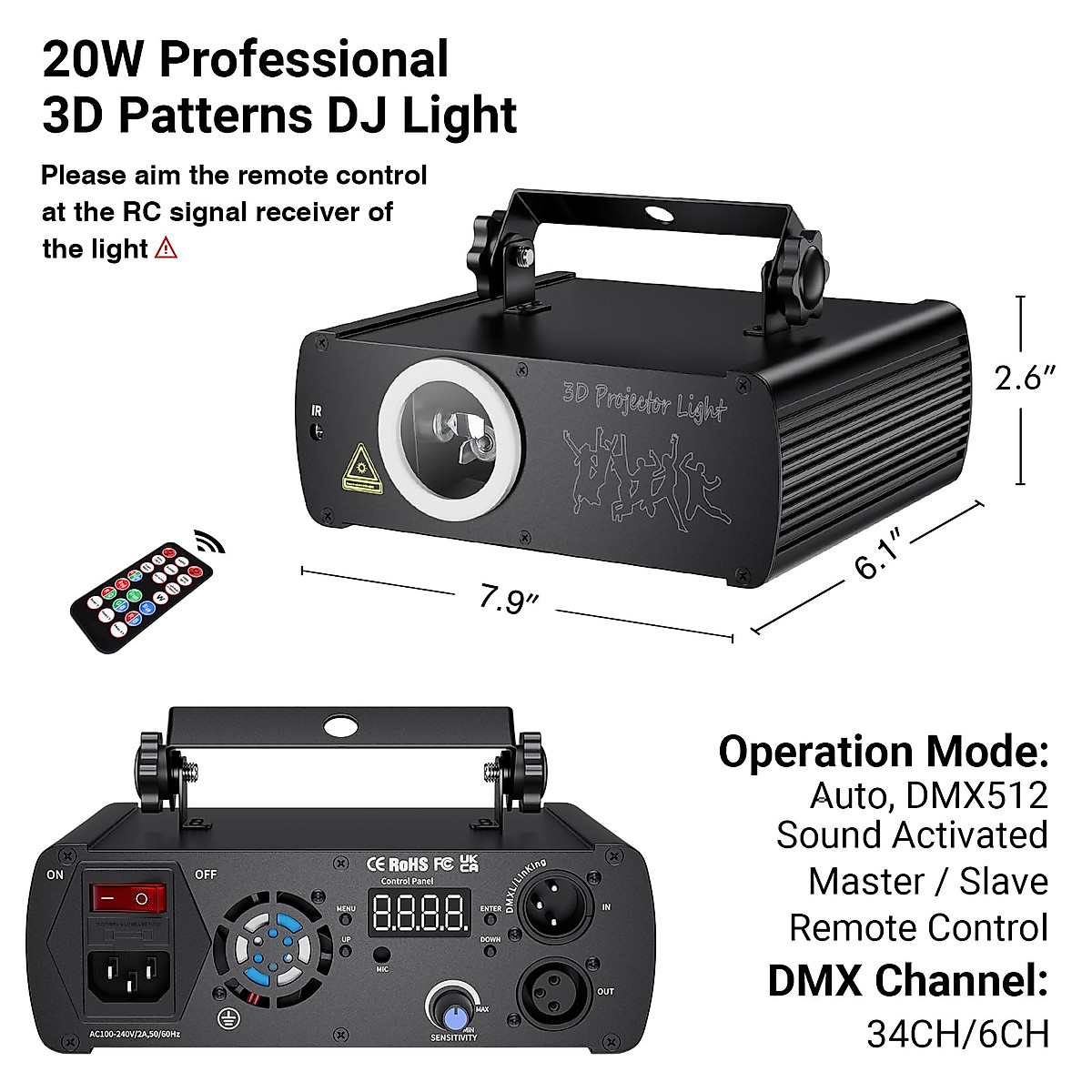 Ehaho DJ Laser Party Lights, 3D Animation RGB Laser Stage Lighting, DMX512 Music Sound Activated Disco Projector Lights, Remote Control Beam Effect Scan Light for Bar Wedding Nightclub Live Show