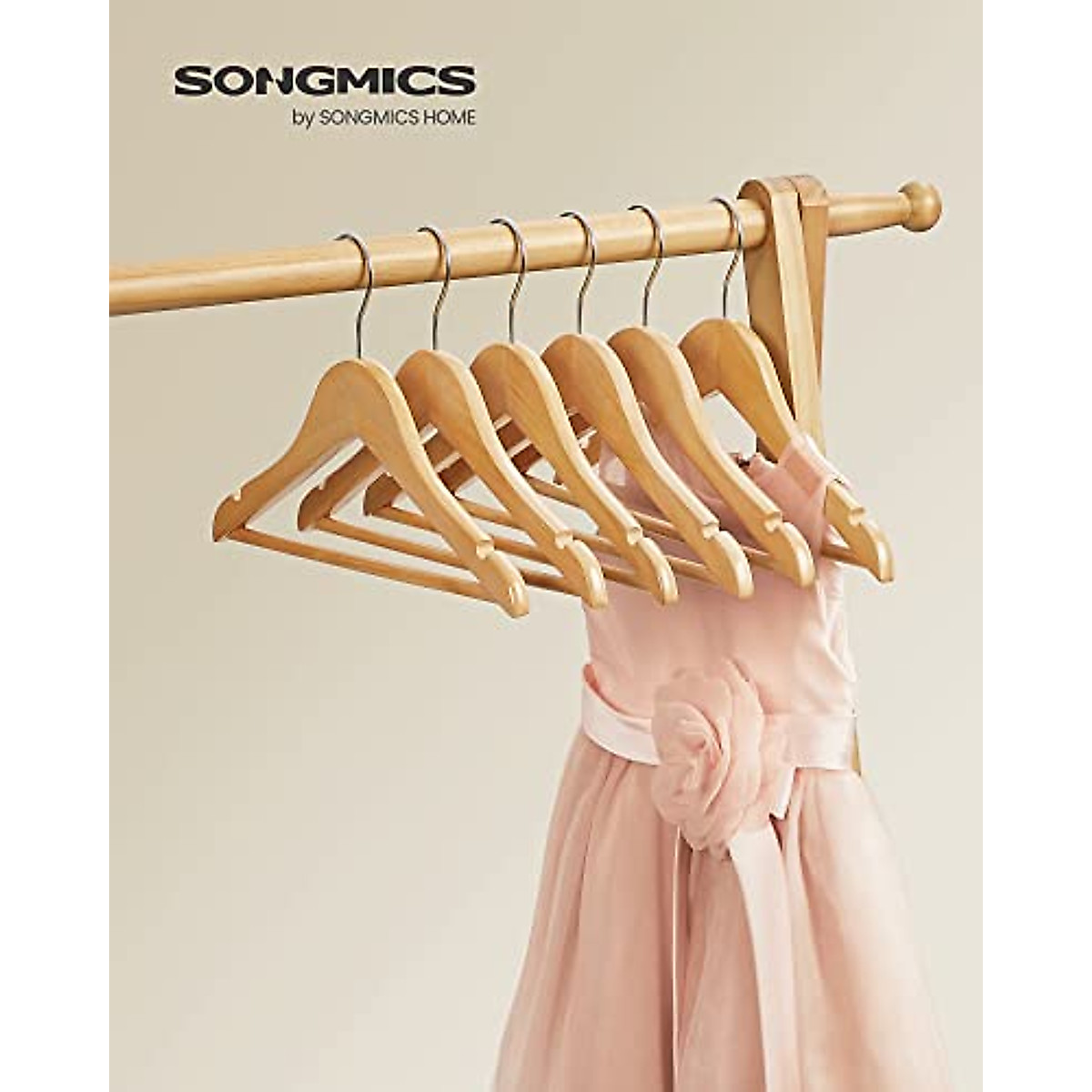 SONGMICS Kids Wooden Hangers 10 Pack, Solid Wood Baby Hangers, Children's Coat Hangers with Pants Bar, Shoulder Notches, Swivel Hooks, 12.6 x 7.5 Inches, Natural and Silver UCRW006N10