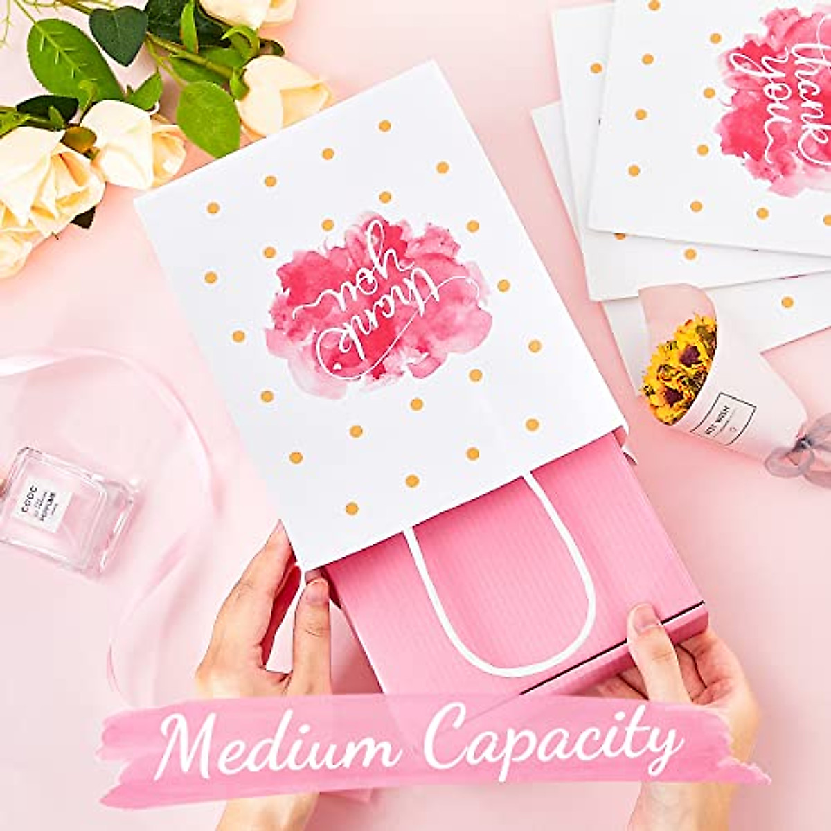 80 Pcs Thank You Gift Bags with Handles Pink Paper Bags for Small Business 8 x 4 x 10 Inch Small Paper Bags with Handles Retail Bags Thank You Bags for Boutique, Business, Wedding Favors, Gifts