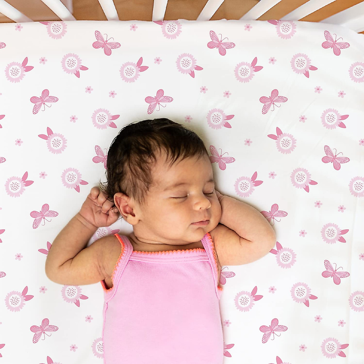 The Peanutshell Pink Butterfly and Floral Fitted Crib Sheets for Girls, 6 Pack