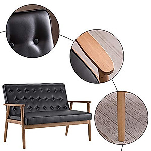 EPOFIT Modern Solid Wood Loveseat Sofa, Upholstered Faux Leather Love Seat, Small Couch 2 Seater with Wooden Arm for Living Room, Bedroom, Small Spaces, Office, Black