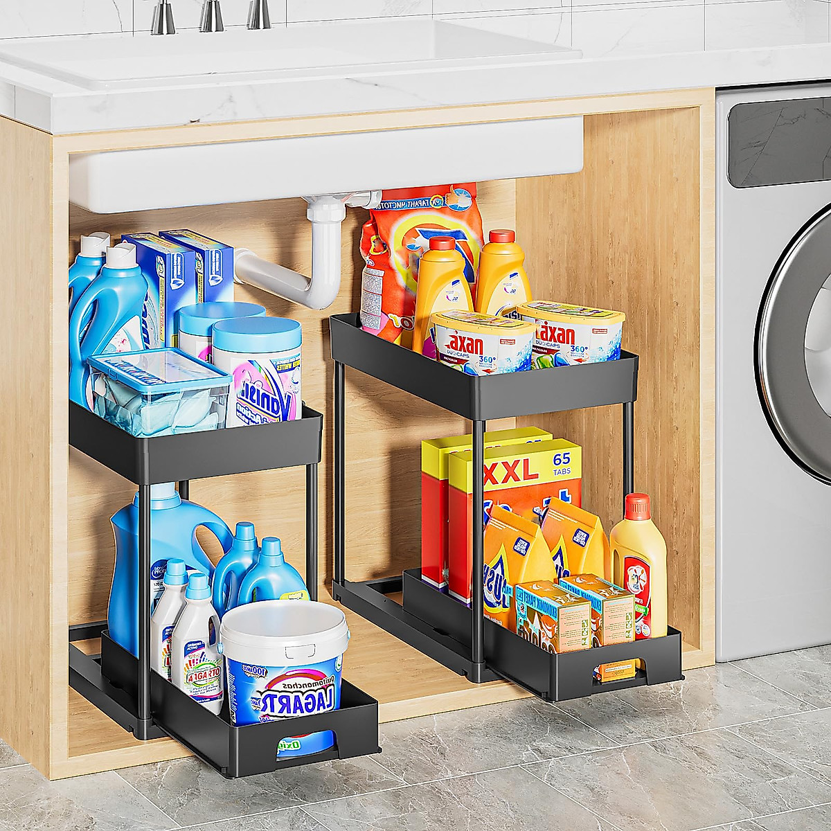 Delamu 2 Pack Under Sink Organizers and Storage, 2 Tier Pull Out Under Cabinet Organizer, Black Under Sink Storage for Bathroom Kitchen, Under Counter Storage organizer with 8 Hooks