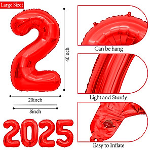 2025 Balloons, 40 Inch Foil Number Balloons, 2025 Balloon Numbers, New Years Decorations 2025 Balloons for Birthday Christmas Anniversary Graduation New Years Eve Party Supplies Decorations, Red