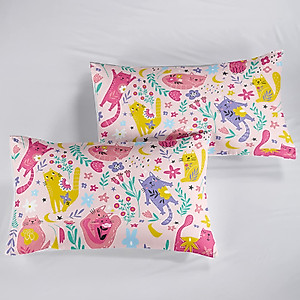 QOOMO Floral Cat Comforter Twin Size,Pink Cat Comforter Set for Kids Teens Girls,3Pcs Bedding Set Printed Comforter with 2 Pillowcases,Down Alternative,Soft and Lightweight(Pink，Twin Size)