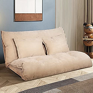 Sucrever Floor Sofa Chair with Adjustable 6-Position and 2 Pillows for Adults, Folding Lazy Sofa Sleeper Bed Couch for Reading or Gaming, Chaise Lounge Chair for Bedroom Living Room, Beige