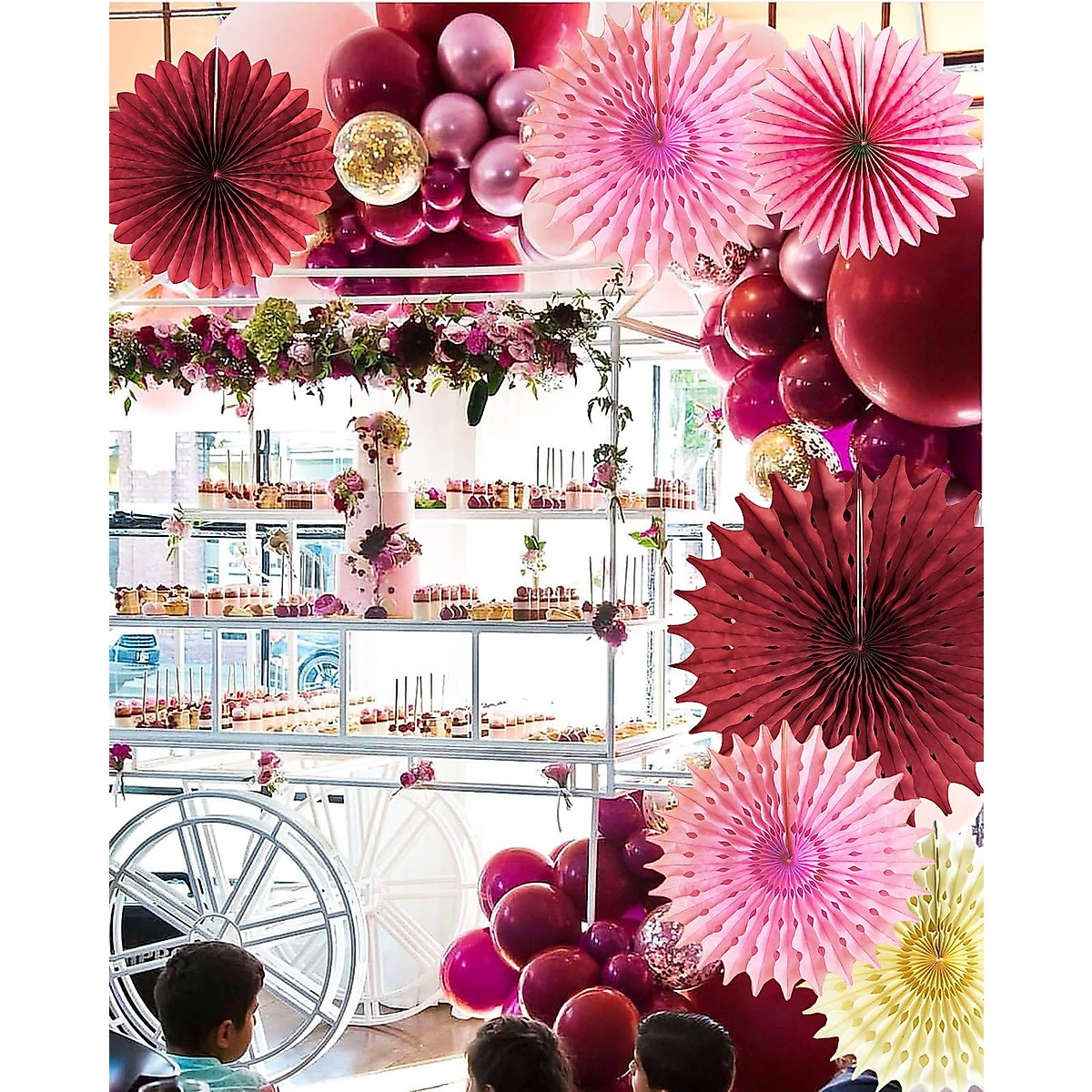 Burgundy Pink Birthday Party Decorations/Fall Bridal Shower Decorations/Valentines Day Decor/7pcs Burgundy Cream Pink Pinwheels Tissue Paper Fans Fall Bachelorette Party Decorations/Burgundy Wedding