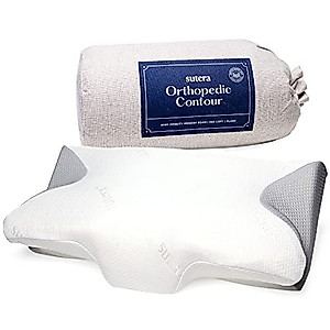SUTERA - Contour Memory Foam Pillow for Sleeping, Orthopedic Cervical Support for Neck, Shoulder and Back Pain Relief, Ergonomic Pillow for Side, Back and Stomach Sleepers, Washable Cover - White +Bag