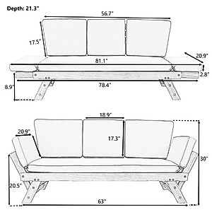 Quarte Outdoor Adjustable Patio Couch Sofa Bed, Acacia Wood Daybed Sofa Chaise Lounge with Cushions, Futon Sofa Furniture for Patio, Balcony, Poolside, Backyard (Gray-Acacia*)