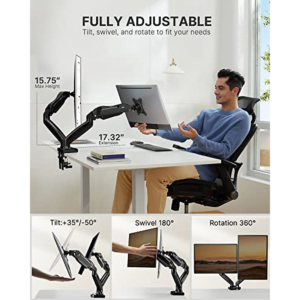 HUANUO Dual Monitor Stand, Adjustable Spring Monitor Desk Mount for 13-27 inch, Holds Max 14.3lbs, Computer Monitor Arms with Wide Range of Motion for Home Office