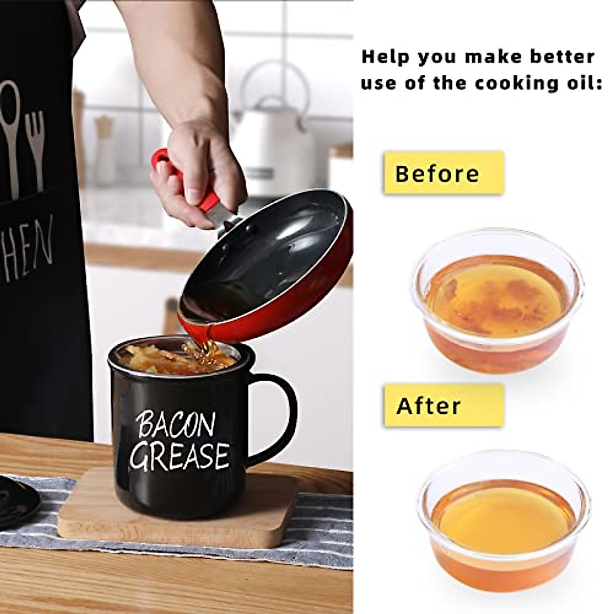 ONTUBE Ceramic Bacon Grease Container Keeper with Strainer (Black)