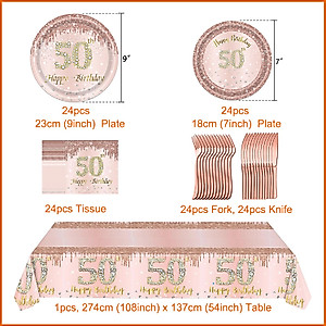 Rose Gold Birthday Party Supplies,Disposable Party Tableware Sets - 50 Years Paper Plates,Napkins,Forks ,Knives,Tablecloths,50th Birthday Decorations for Women,Service 24 Guests