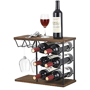 MOOACE Wine Glass Rack Free Standing Floor, Metal & Wood Countertop Wine Holder, 6 Bottles and 4 Glasses Stand