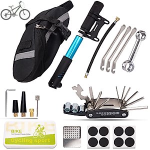 Bike Repair Tool Kit & Bicycle Repair Kit Bag, Bike Repair Kit Portable Bike Tire Repair Tool Kit with 16-in-1 Tools, Bike Tire Patch Kit, 120 Psi Mini Pump, Tyre Levers for Mountain/ Road Bike Repair