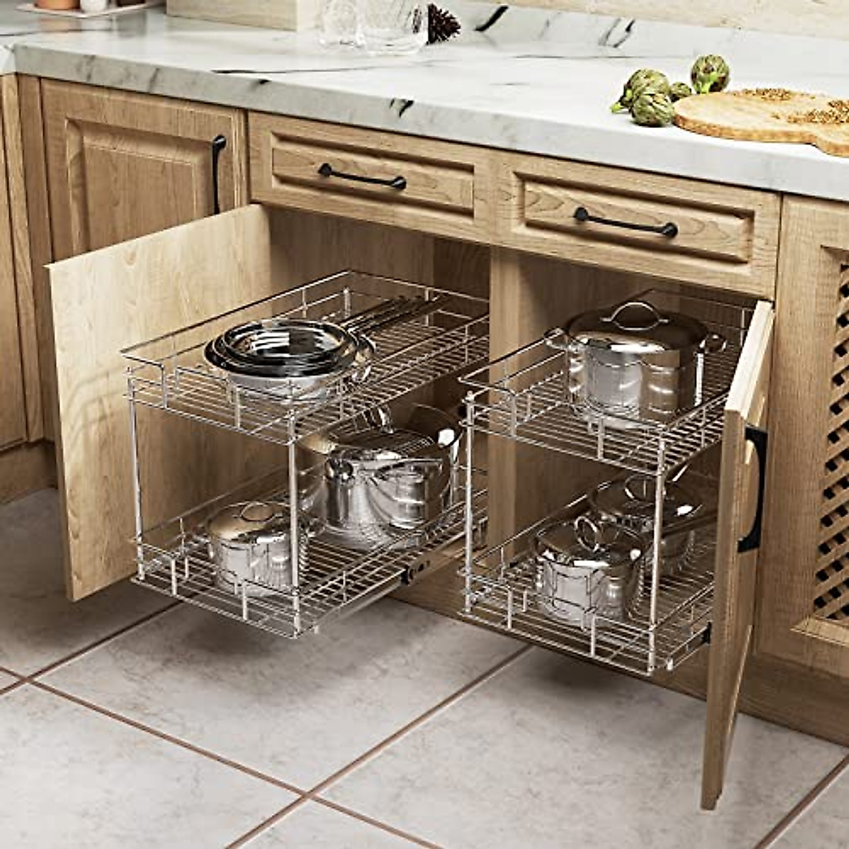 ROOMTEC New Version Pull Out Cabinet Organizer for Base Cabinet (11" W X 18" D), Kitchen Cabinet Organizer and Storage 2-Tier Cabinet Pull Out Shelves Under Cabinet Storage for Kitchen Silver,Chrome