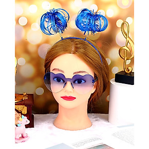12 Pcs Tinsel Wrapped Ponytails Headband with Heart Shape Sunglasses Costume Party Faux Feather Headwear Bopper for Festival(Blue)
