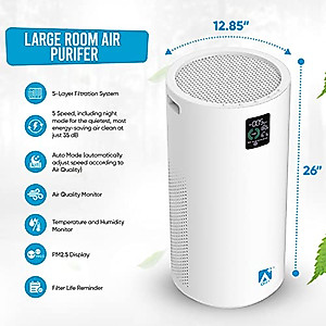 Air Purifiers for Home Large Room Bedroom Offices Living Room by De.Life H13 TRUE HEPA Air Filter with UV Light, Eliminate 99.98% Germs, Toxins, Smoke, Allergies and Pet Dander, Real Time Air Quality LED Screen Smart Display, Ultra Quiet Purifier