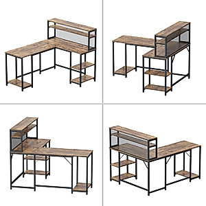 CubiCubi L Shaped Computer Desk with Hutch & Iron Mesh, 59 inch Large Home Office Desk with Storage Shelves, Study Table Writing Desk Workstation, Brown