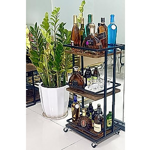 OKZEST 3 Tier Bar Cart for Home, Rolling Mini Liquor Bar for Wine Beverage Dinner Party, Utility Kitchen Storage Island Serving Cart on Wheels, Coffee Bar Cabinet for Kitchen Dining Living Room, Brown