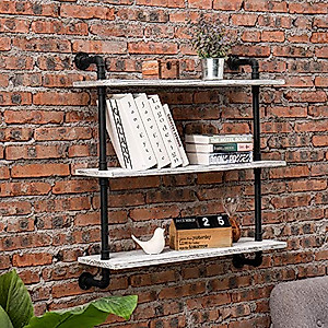 MyGift 3-Tier Wall Mounted Whitewashed Wood & Industrial Pipe Hanging Display Shelves for Living Room & Bedroom