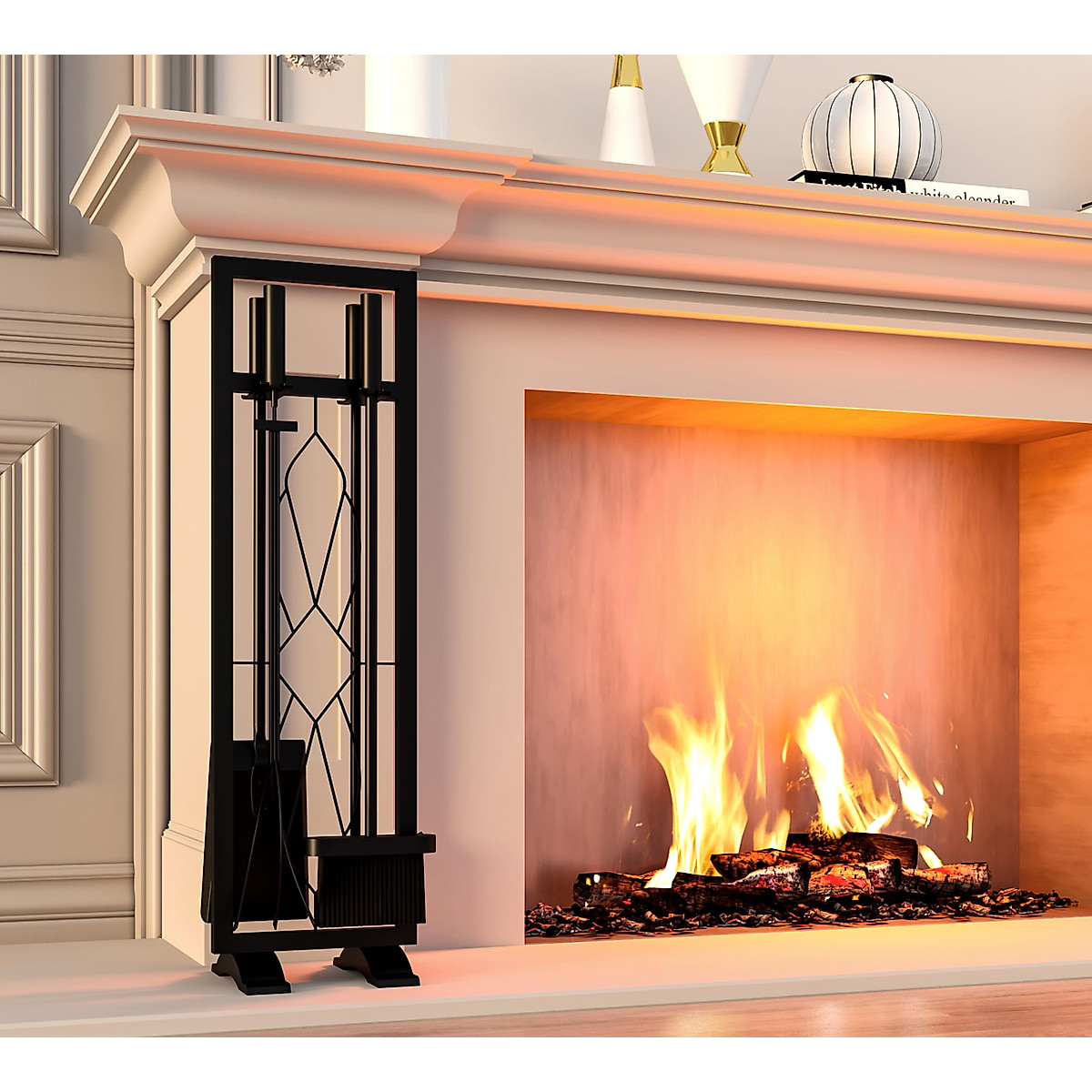 Fire Beauty Fireplace Tools Set 5 Pieces Fireside Accessories Fire Kit Stand Woodstove Tools Holder Wrought Iron Handle Indoor Fireset Stand