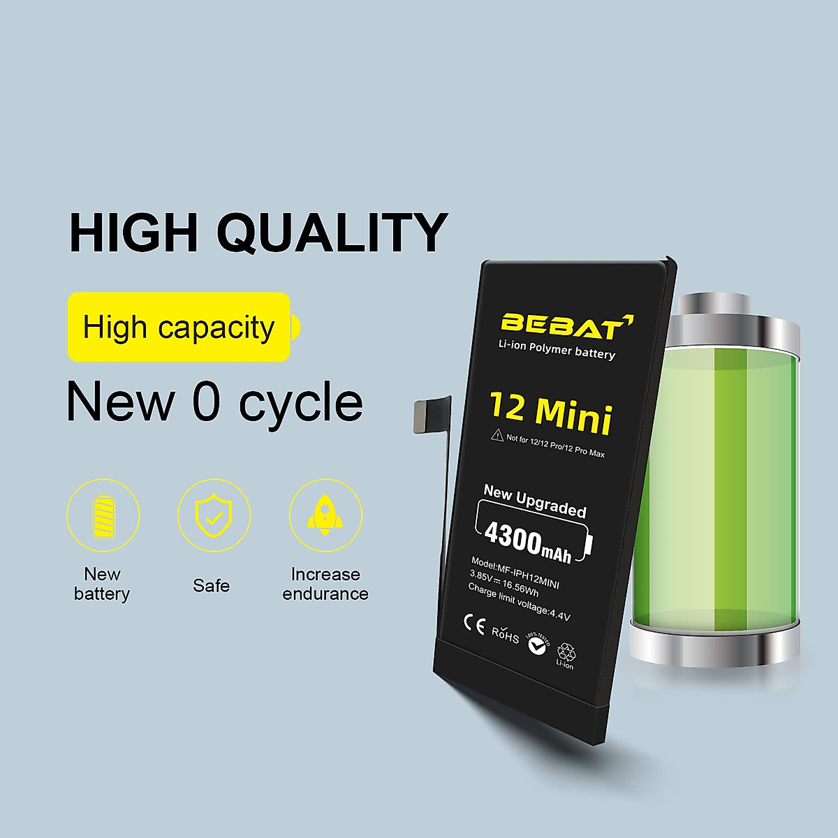 BEBAT Replacement for iPhone 12 Mini Battery, 4300mAh High Capacity Li-ion Polymer Replacement Battery for Model A2399 A2400 A2398 A2176 with Professional Repair Tool Kits