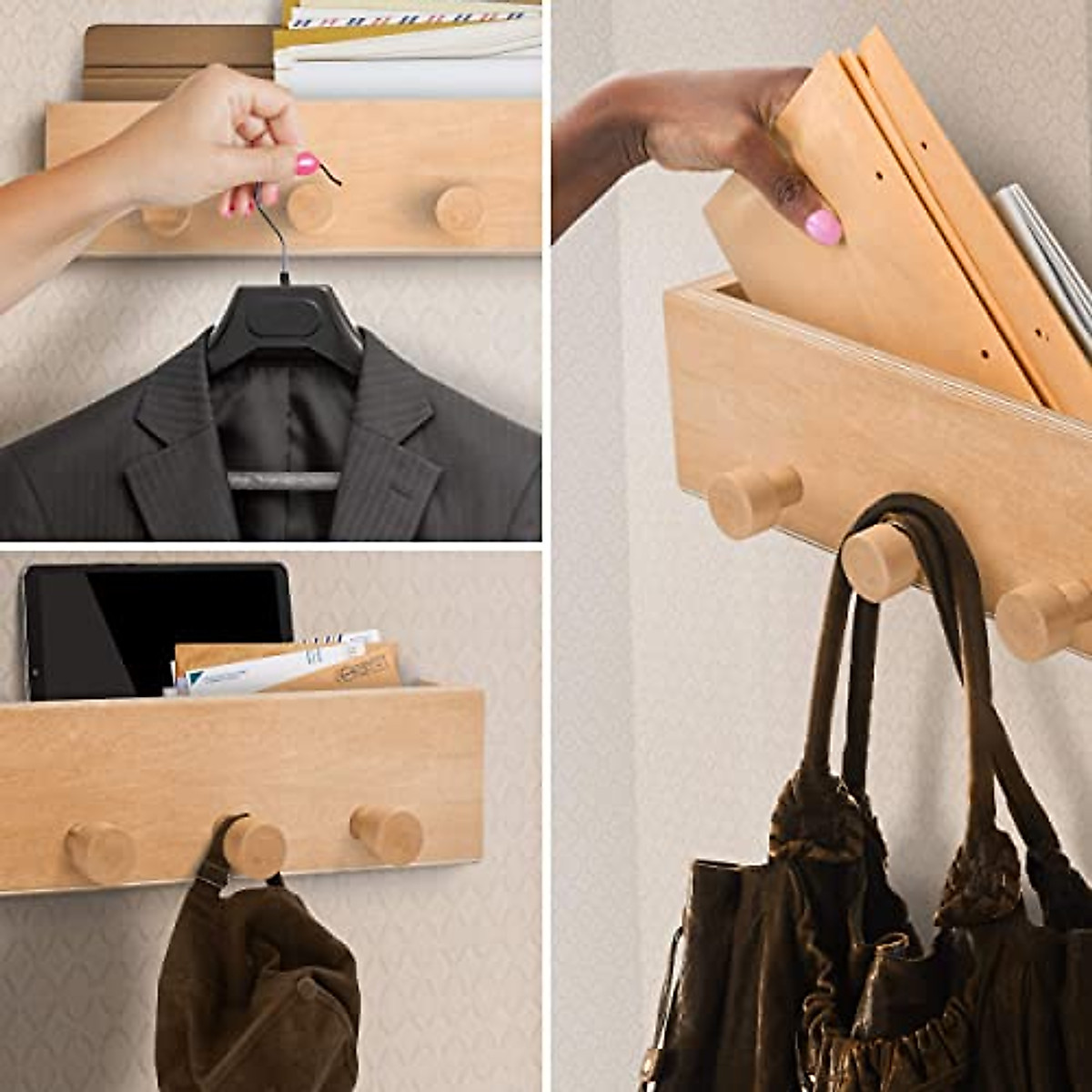 Ligneum Small Wall Shelf with Hooks for Hanging Coats - Wall Mounted Coat Rack and Floating Shelf with Hooks - Apartment Decor Entryway Wall Shelf with Key Organizer and Mail Organizer.