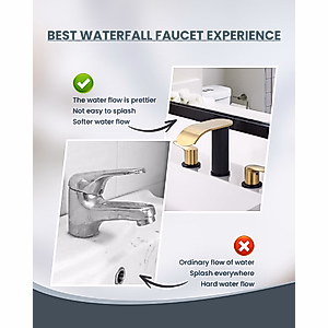 WOWOW Waterfall Bathroom Faucet 3 Holes 8Inch Widespread Bathroom Sink Faucet, Two Handles Lavatory Vanity Sink Faucets with Pop-up Drain & Supply Hoses, Modern Faucet Mixer Taps Black and Gold
