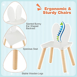 HONEY JOY Kids Table and Chair Set, Children Wooden Activity Table & 2 Chairs Set, Solid Wood Legs, Easy Assembly, 3 Piece Rabbit Themed Toddler Furniture Set for Art Craft (White)