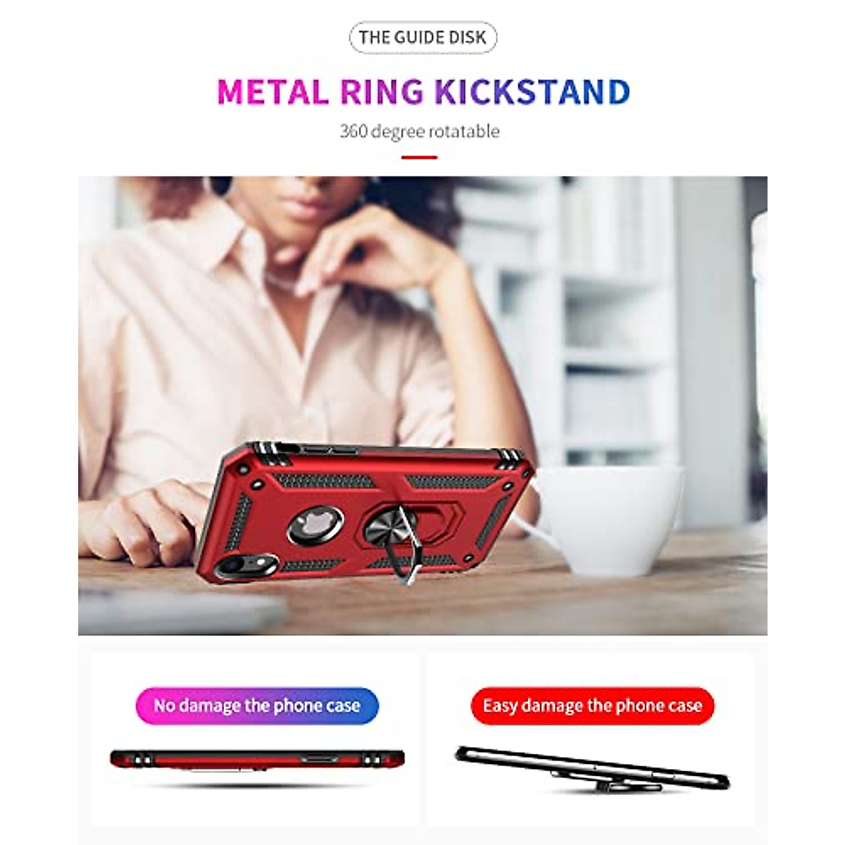 SunStory Compatible for iPhone XR Case with Tempered Glass Screen Protector,iPhone XR Phone Case with Magnetic Ring Kickstand for iPhone XR 2018 (Red, iPhone XR)