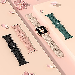 3 Pack Leopard Engraved Band Compatible with Apple Watch Band 41mm 40mm 38mm 45m 44mm 42mm Women Men, Cheetah Printed Soft Silicone Straps for iWatch Series 8 7 SE 6 5 4 3 2 1, Black/Gray/Sand Pink