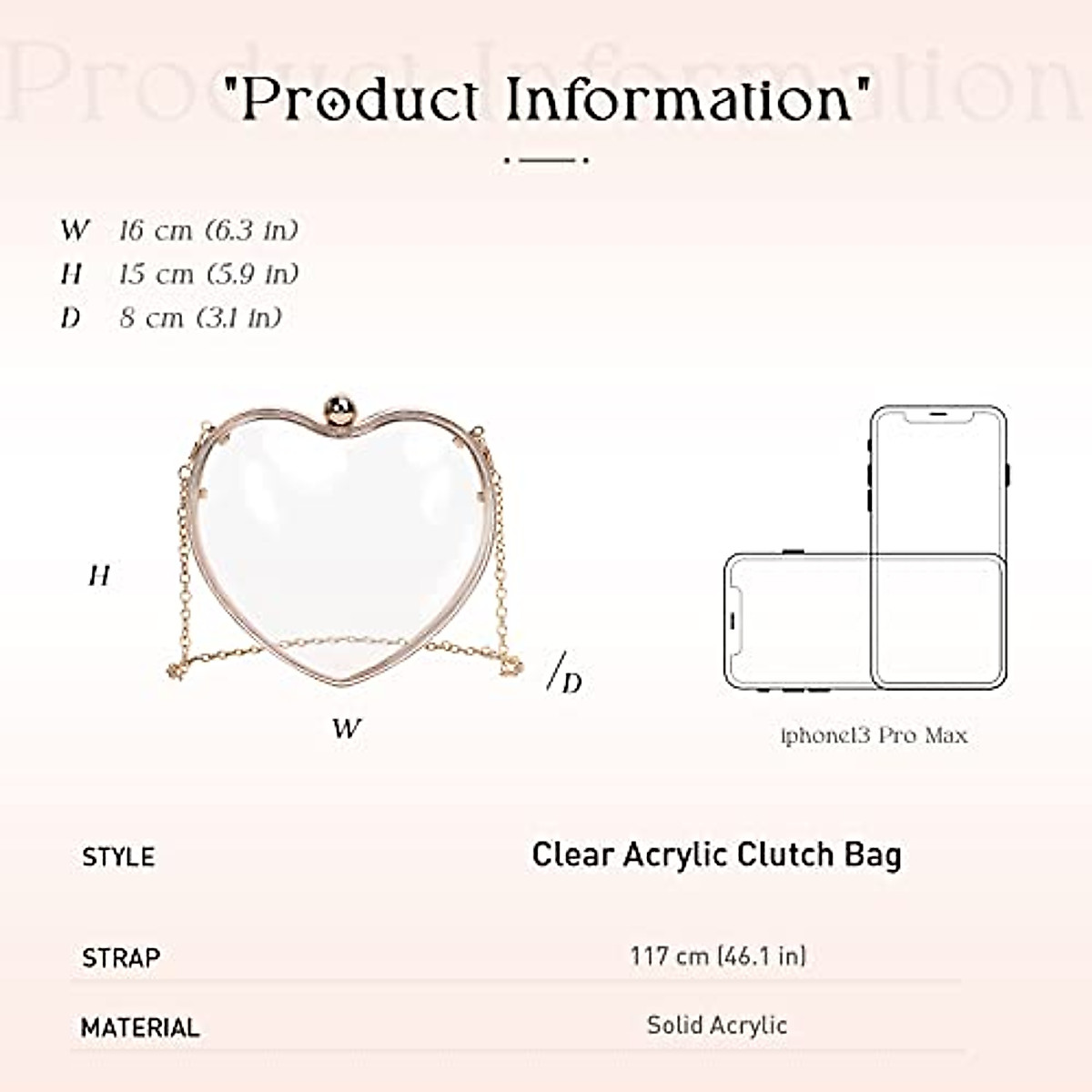 JAMBHALA Women Clear Acrylic Clutch Bag Mini Heart Handbag Evening Pouch with Detechable Chain (gold)