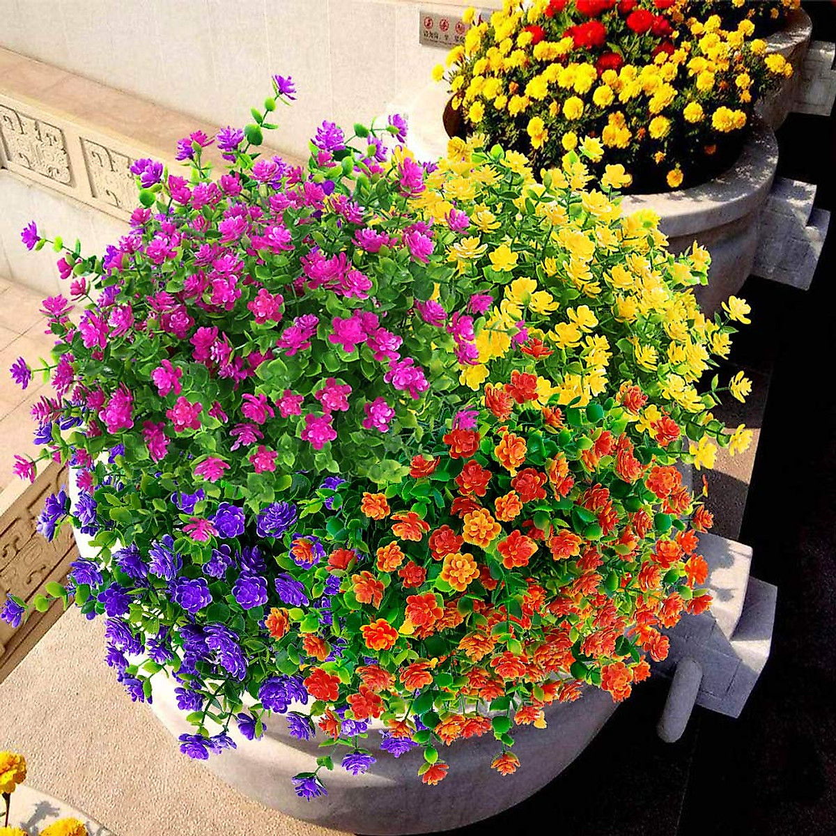 KLEMOO 24 Bundles Outdoor Artificial Fake Flowers UV Resistant No Fade Boxwood Faux Plastic Plants for Garden Patio Porch Window Box Home Wedding Farmhouse Décor (Fushia)