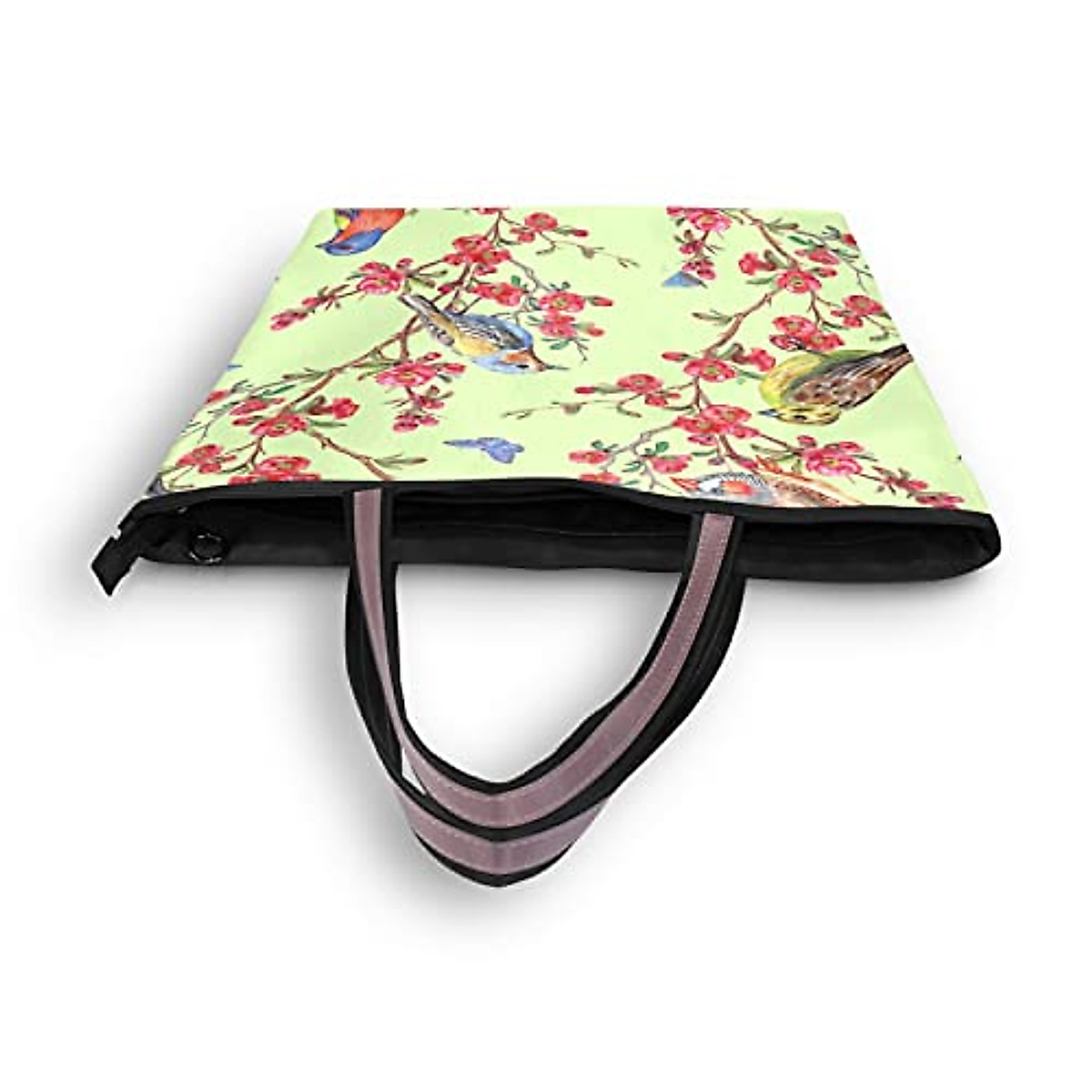 Flower Tote Bag with Zipper Long Handles Bird Floral Handbag Shoulder Bag