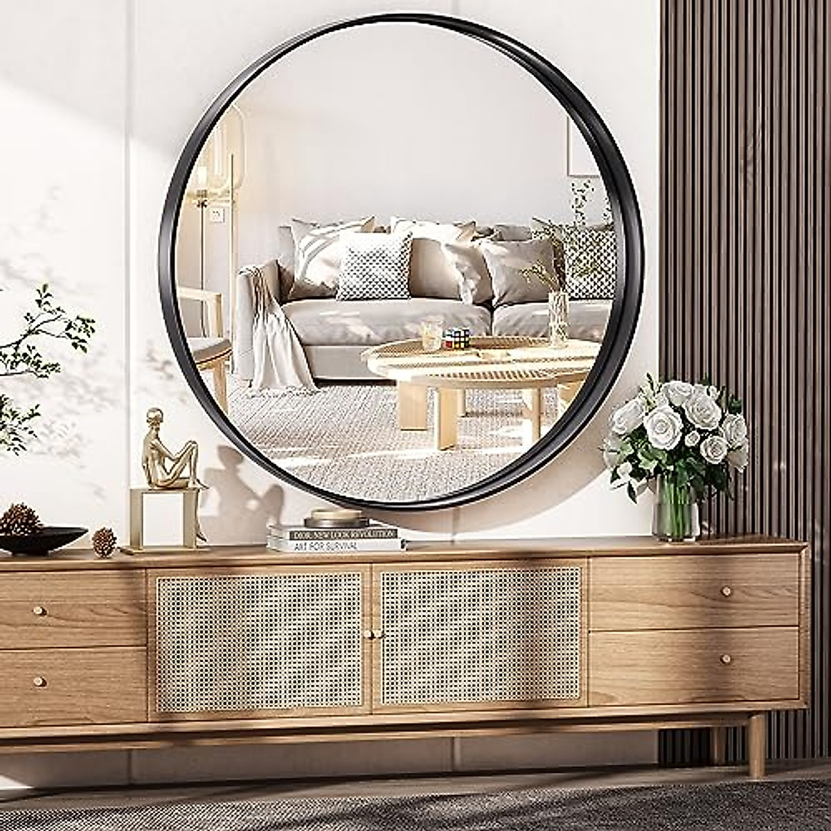 Hasipu 20×20 Inch Wall Mirror for Bathroom, Round Black Metal Frame Bathroom Mirrors, Modern Wall Mounted Vanity Mirror for Bathroom