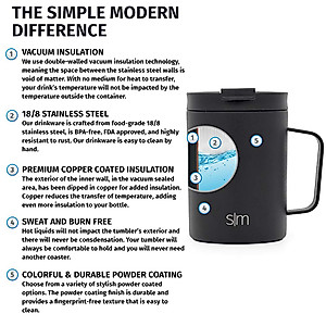 Simple Modern Travel Coffee Cup with Lid and Handle | Reusable Insulated Stainless Steel Iced Coffee Mug Cold Brew Tumbler and Tea Cup | Scout Collection | 12oz | Midnight Black