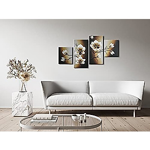 100% Hand-painted Wood Framed Abstract Floral Oil Painting on Canvas Warm Day Yellow Flowers Bloom Ready to Hang for Living Room Bedroom Home Decorations 4pcs/set