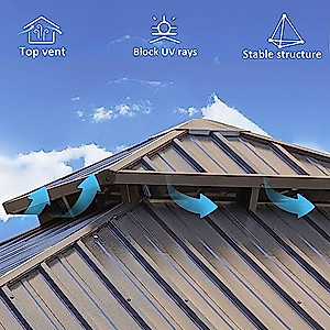 Nanonyy 12’ X 20’ Outdoor Hardtop Gazebo Galvanized Steel Double Roof Permanent Gazebos Canopy Aluminum Frame Patio Garden Gazebo with Curtains and Netting Wood Looking