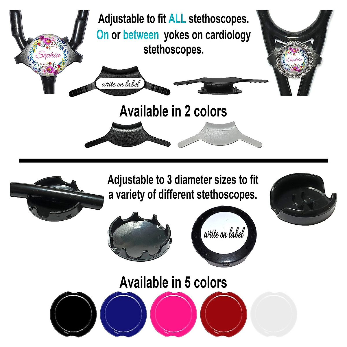 Wood Floral Adjustable Stethoscope ID Name Tag - Choose Tag Style and Color, Custom Fonts, Design Size and Decorative Frame - Hospital Nurse Identification