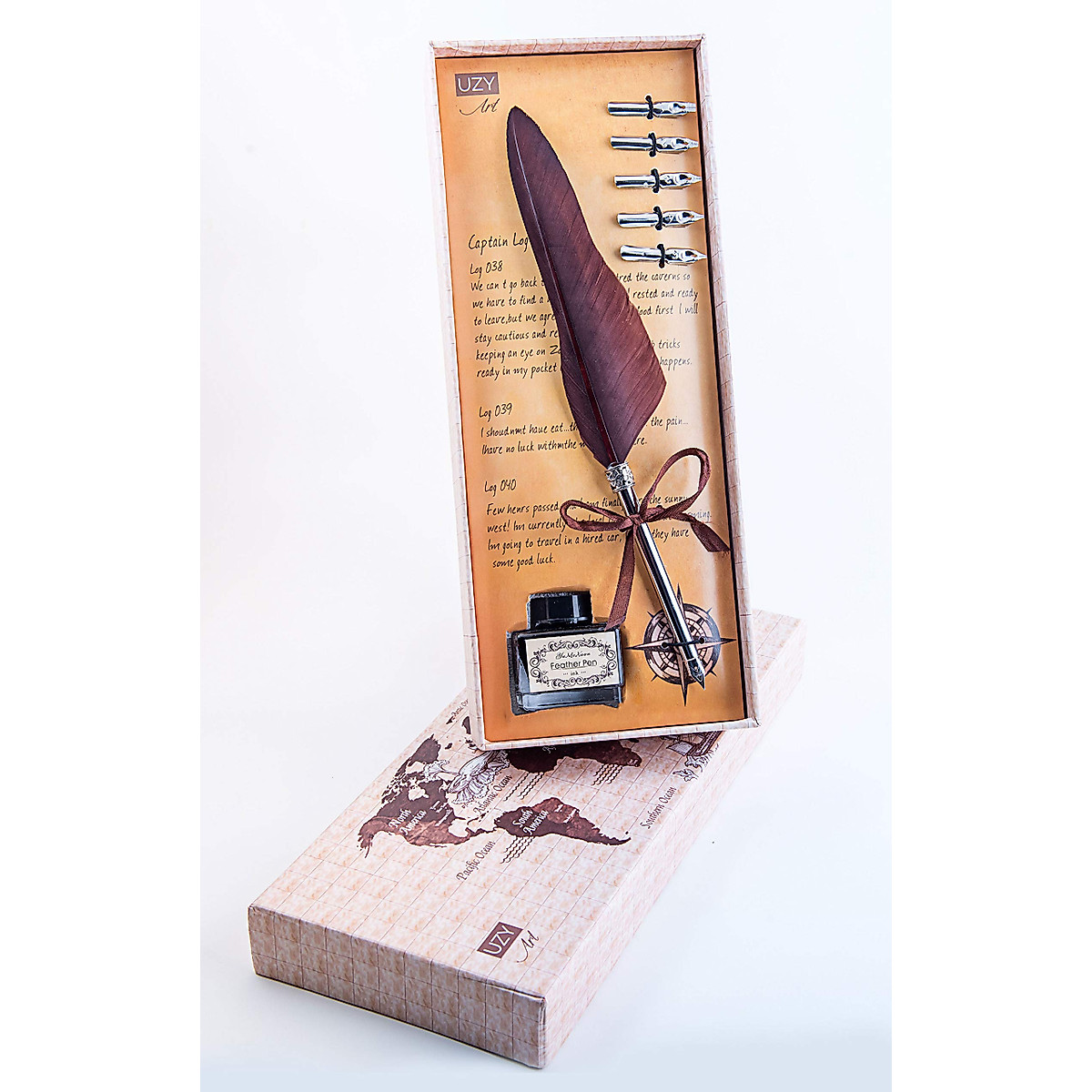 Quill Pen and Ink Set Turkey Feather Pen with 5 Steel Replacement Nibs and Dip Ink Bottle in Vintage Gift Box for Antique Calligraphy - Brown