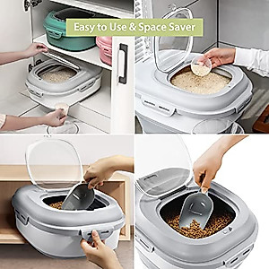 Rice Container Cereal Food Storage, Lockcoo Collapsible Airtight Rice Dispenser 20 to 50 Lbs with Measuring Cup & Wheels, Dry Food Flour Sugar Storage Container Large Kitchen Pantry Holder, Grey