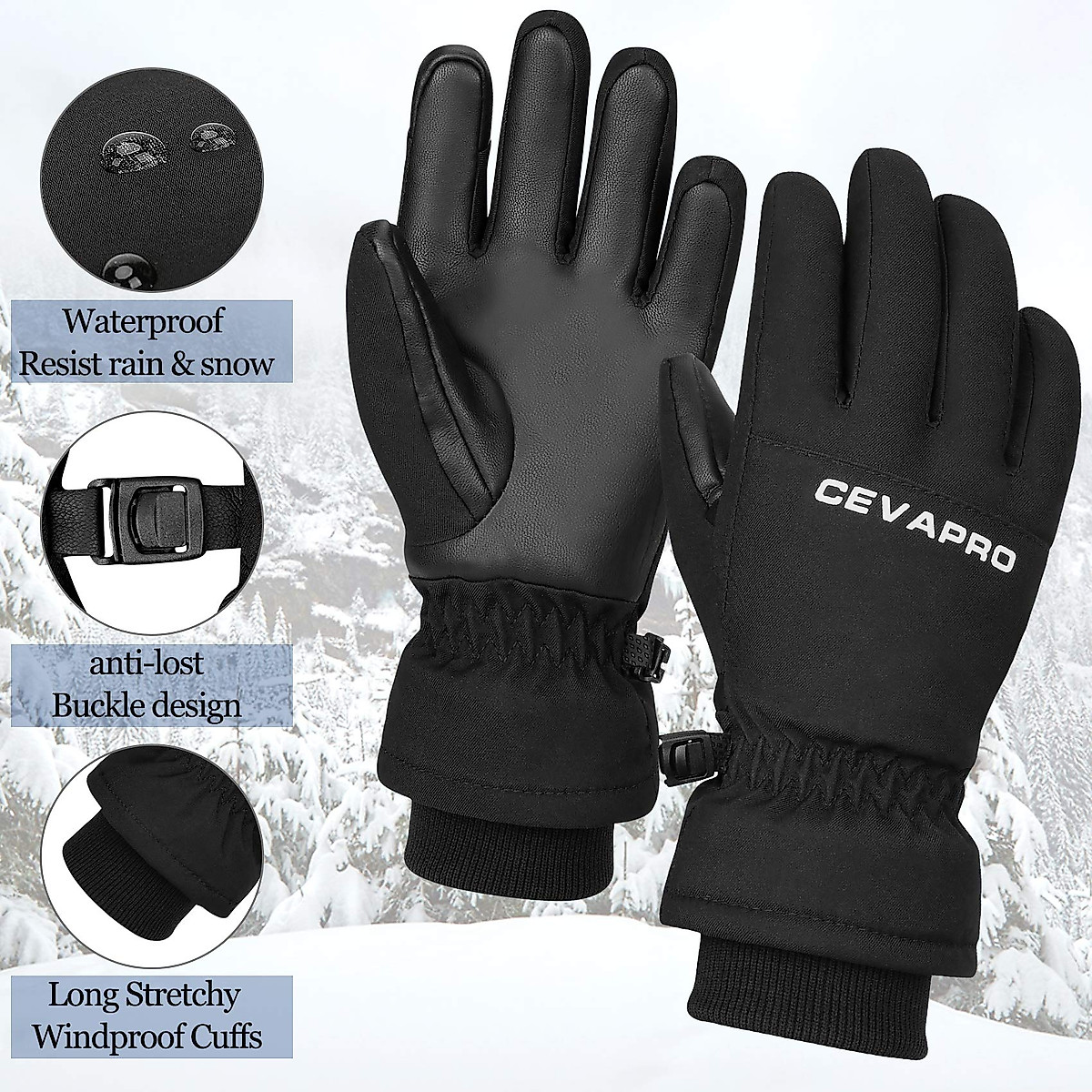 Cevapro Kids Winter Gloves Waterproof Ski Thermal Gloves Touchscreen Ski Warm Gloves for Kids Boys Girls Children Skiing Cycling