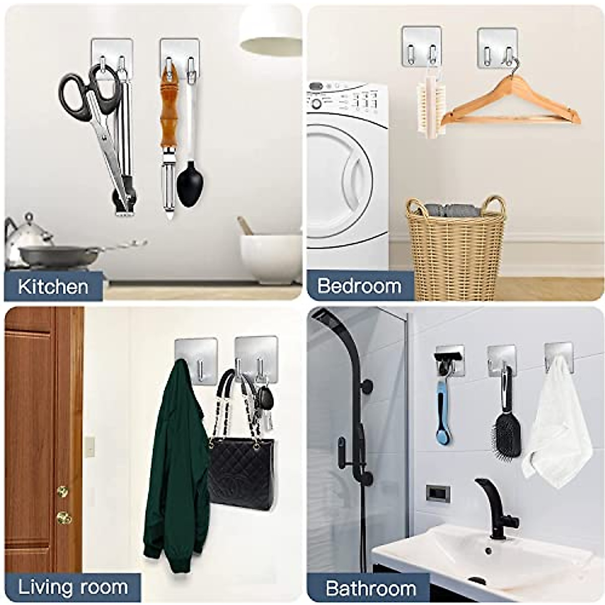 Razor Holder for Shower - 4PCS Shaver Holder for Shower Wall, Self Adhesive Inside Shower Hook Waterproof Stainless Steel Holder Stand Bathroom Kitchen Organizer Shaver Towel Loofah Bathrobe Coat Hook