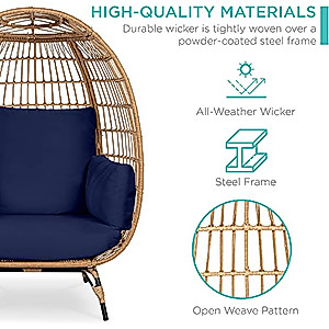 Best Choice Products Wicker Egg Chair, Oversized Indoor Outdoor Lounger for Patio, Backyard, Living Room w/ 4 Cushions, Steel Frame, 440lb Capacity - Navy