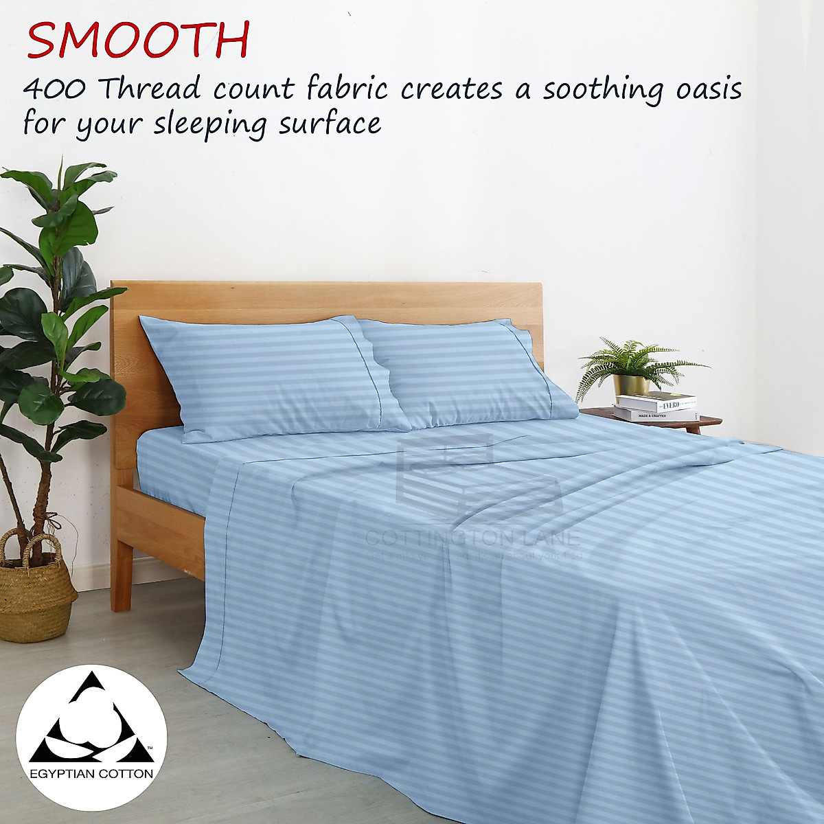 400 Thread Count 100% Egyptian Cotton Sheet Set - Queen Size Sheets Set - 12 inch Deep Pocket of Fitted Sheet - 4 Piece Sheet Set (Sky Blue Stripe - Queen 12 inch Deep Pocket Sheets)