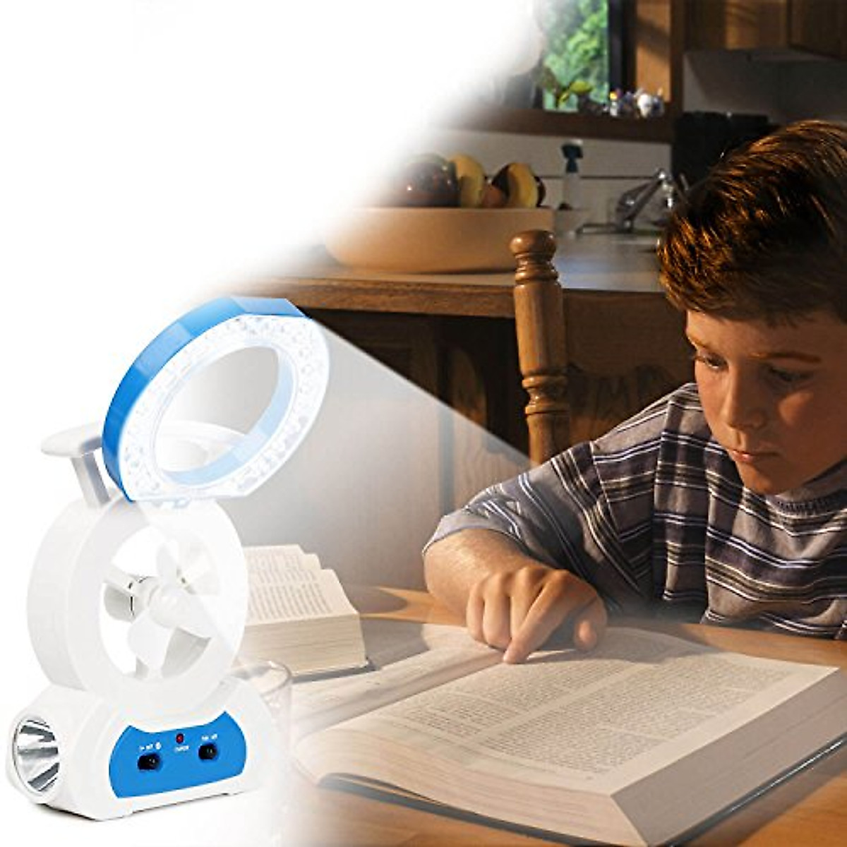 iMounTEK Mini Portable Cooling Rechargeable Electric Powered Small Quiet Desktop Table Fan W/ 22 LED Desk Lamp/Light & Powerful LED Flashlight (Blue)