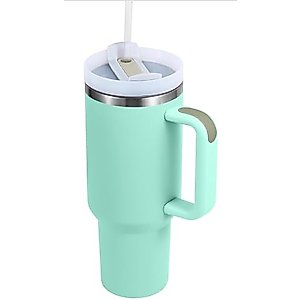 40 OZ INSULATED QUENCHER TUMBLER WITH HANDLE AND STRAW, DOUBLE WALL STAINLESS STEEL WITH 3-IN-1 LID, 100% LEAK-PROOF THERMOS, WATER BOTTLE, TRAVEL COFFEE MUG FOR CAR CUP HOLDER (OCEAN MINT)