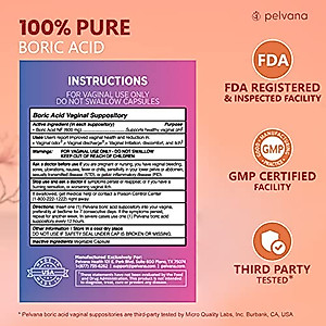Pelvana Boric Acid Suppositories for Women 30 - for Vaginal pH Balance, Odor Control, Itching, & Discharge - Third-Party Tested & Made in The USA