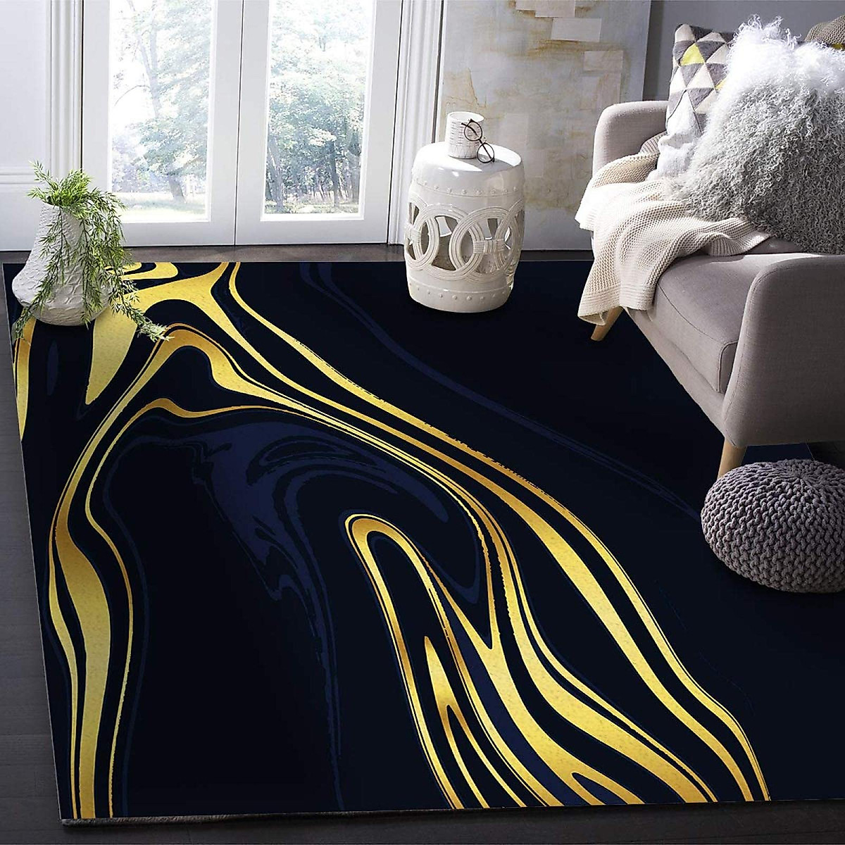 Abstract Black Gold Marble Texture Area Rugs, Flow Texture Black Gold Soft Washable Carpet, Upholstery Rug with Non-Slip Backing for Kids Boys Girls Bedroom Living Room Dining Room Study 6.6ftx5.3ft