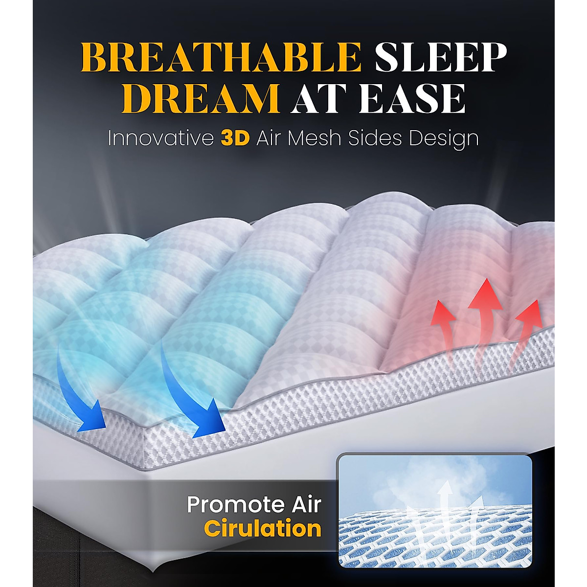 3 Inch Ultra-Fluffy Memory Foam Mattress Topper Queen for Back Pain, Extra Soft Pillow Top Queen Mattress Topper with 4X Support, Mattress Pad with Breathable Air Mesh Sides, 6-21'' Deep Pocket