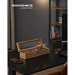 SONGMICS Watch Box, 6-Slot Watch Case, Solid Wood Watch Box Organizer with Glass Lid, Rustic Walnut UJOW006K01